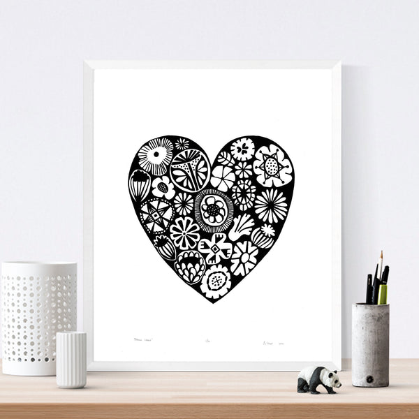 Flower Heart Screen Print in Black by Lu West